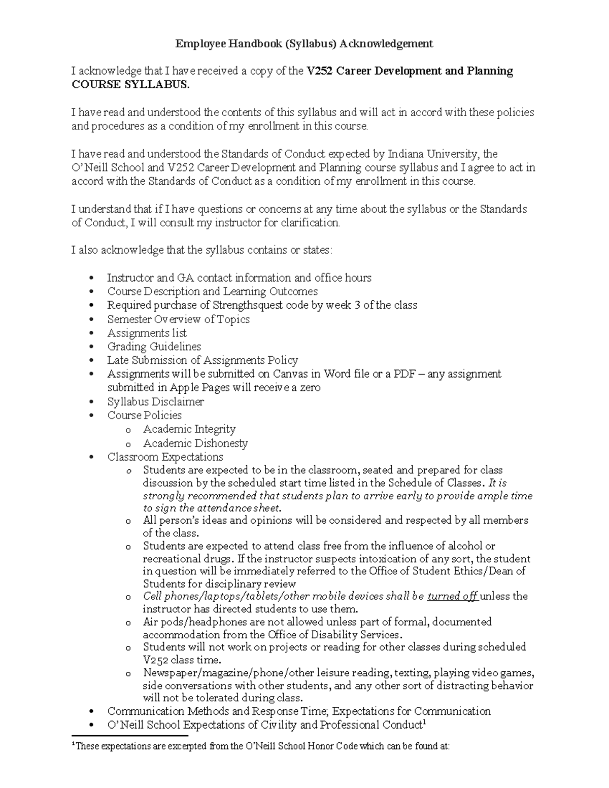 Employee Handbook Syllabus Acknowledgement Spring 2024 - Employee ...