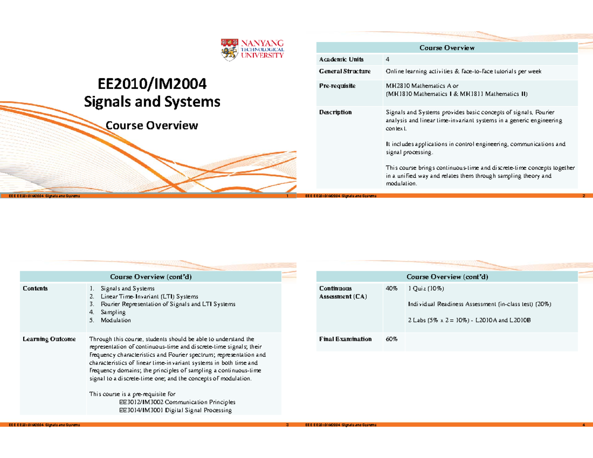 1-5 - notes - EE2010/IM Signals and Systems Course Overview EEE EE2010 ...