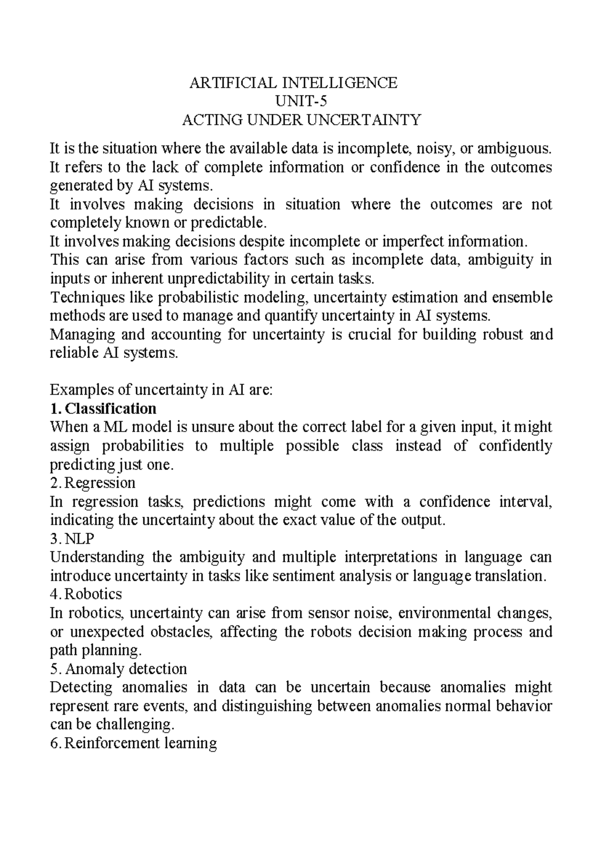 AI UNIT-5 - artifical intelligence - ARTIFICIAL INTELLIGENCE UNIT- ACTING UNDER UNCERTAINTY It ...