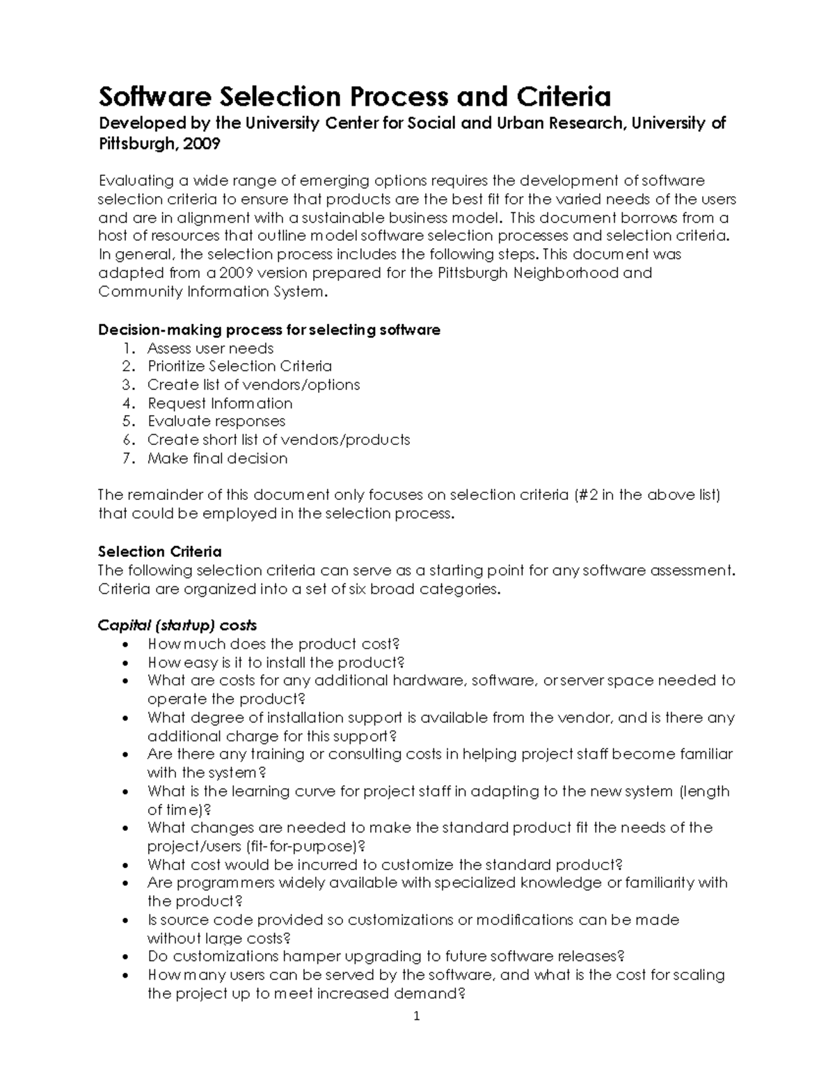Software Selection Process Criteria - 1 Software Selection Process and ...