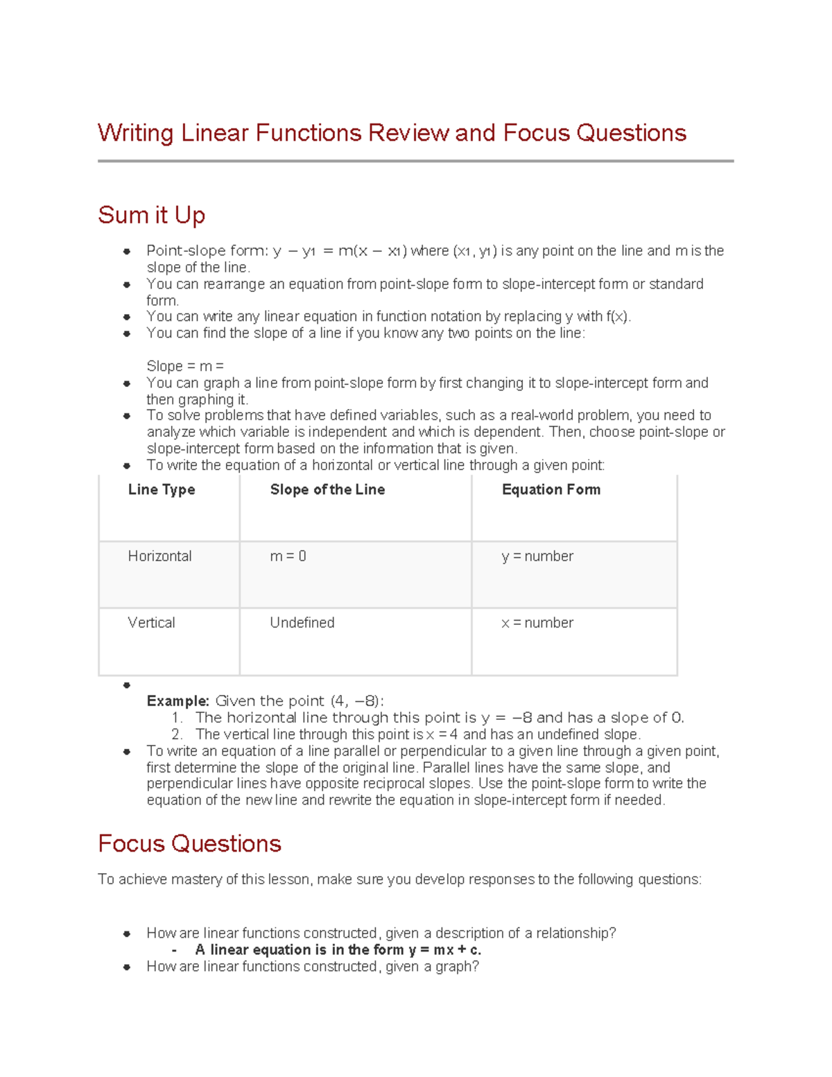 Writing Linear Functions Review and Focus Questions - You can rearrange ...