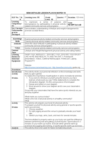 Physical Education - SEMI-DETAILED LESSON PLAN IN MAPEH 10 DLP No.: 2 ...