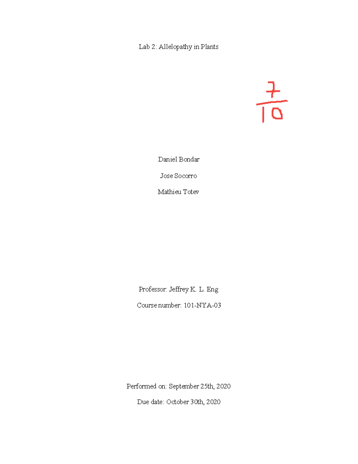 Allelopathy Lab Corrected - Lab 2: Allelopathy in Plants Daniel Bondar ...