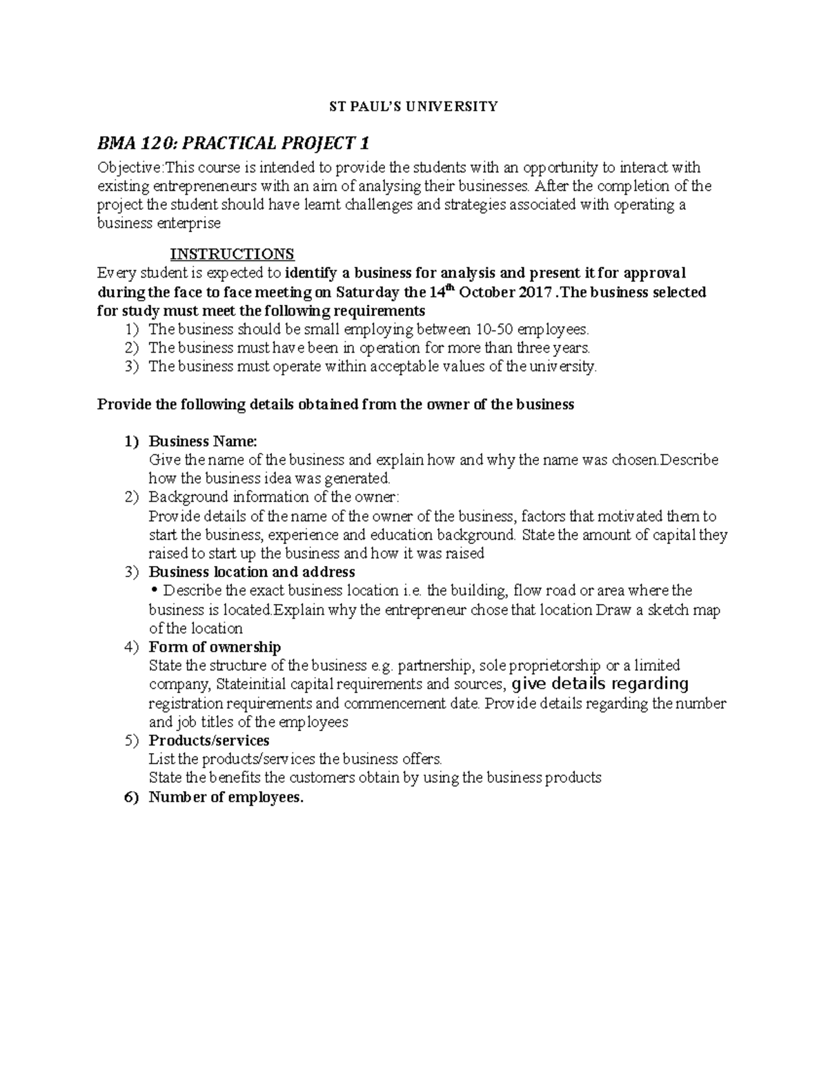 Practical Project 1 TASK 1-OCT 2017 - ST PAUL’S UNIVERSITY BMA 120 ...