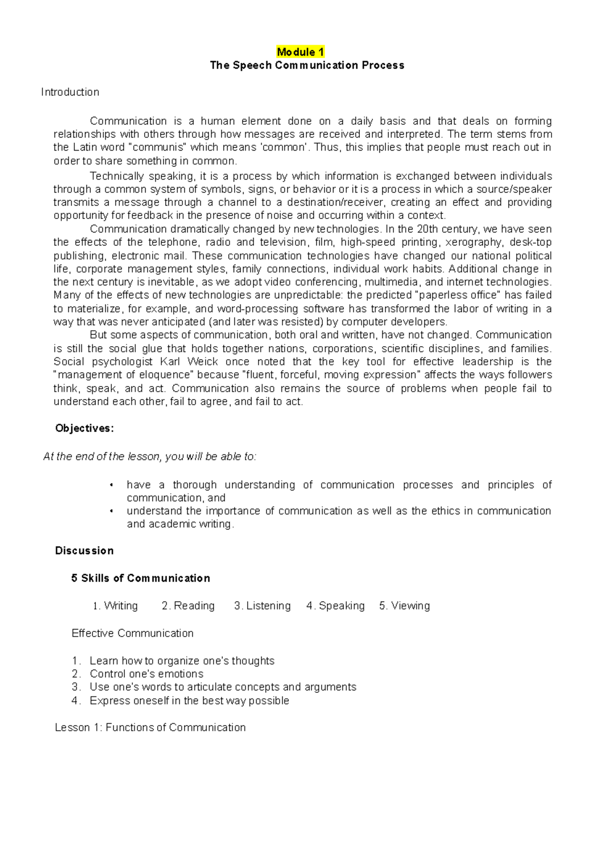 Purcom - Reviewer - Module 1 The Speech Communication Process Introduction Communication is a ...