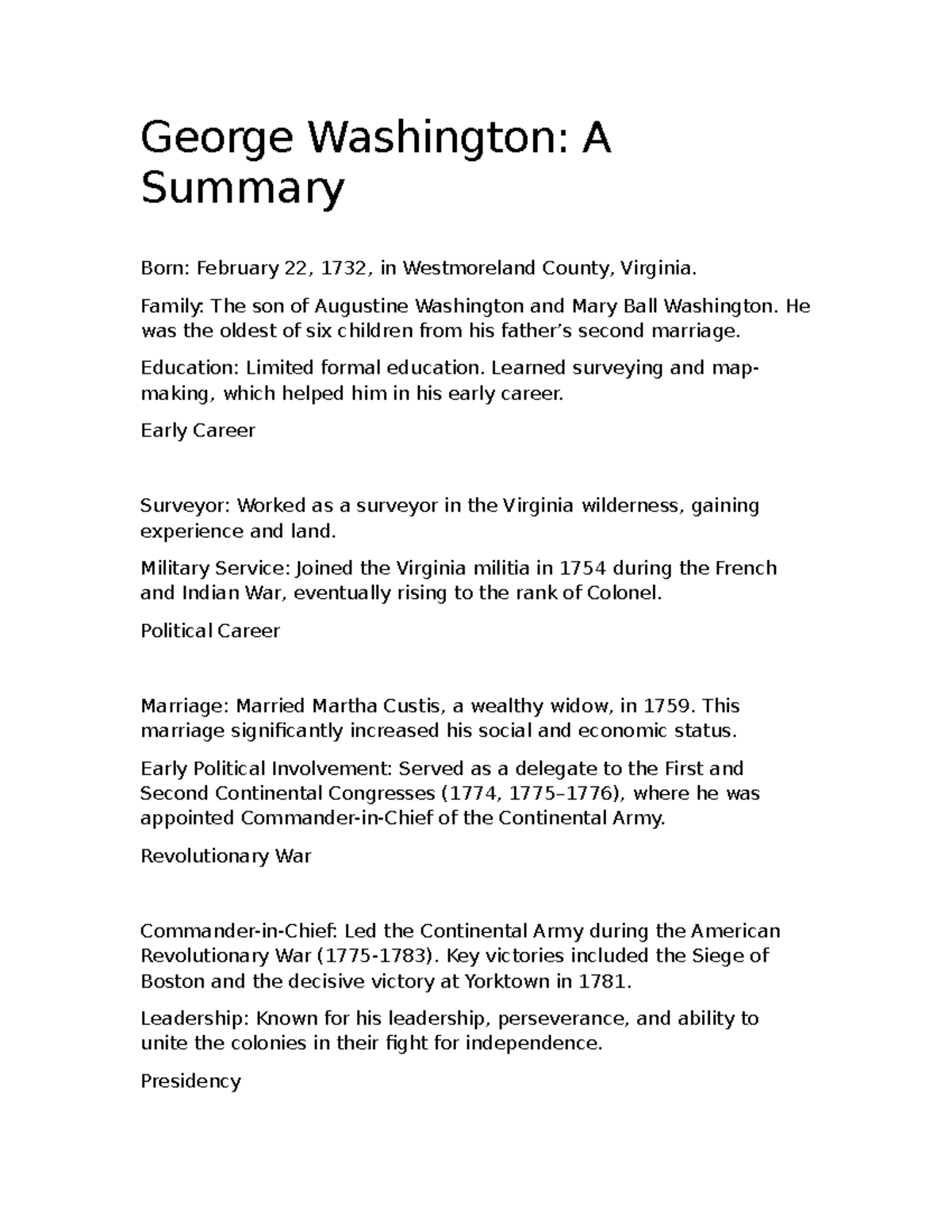George Washington - Summary U.S. History A - George Washington: A ...
