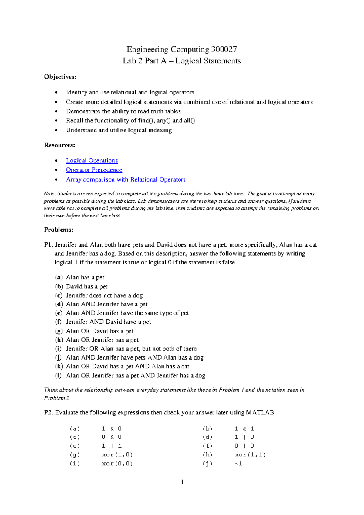 Lab 2 Part A - Logical Statements - 1 Engineering Computing 300027 Lab 2 Part A – Logical ...