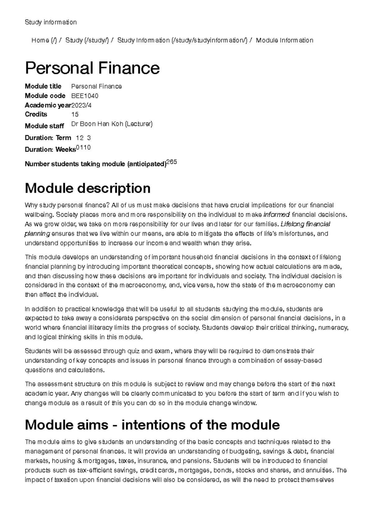 BEE1040 Personal Finance Course Outline - Study information Home ...