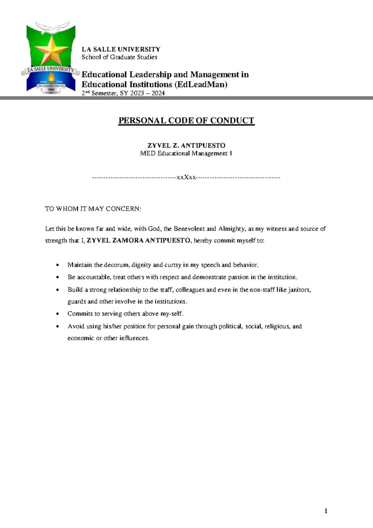 Personal Code of Conduct - 1 LA SALLE UNIVERSITY School of Graduate ...