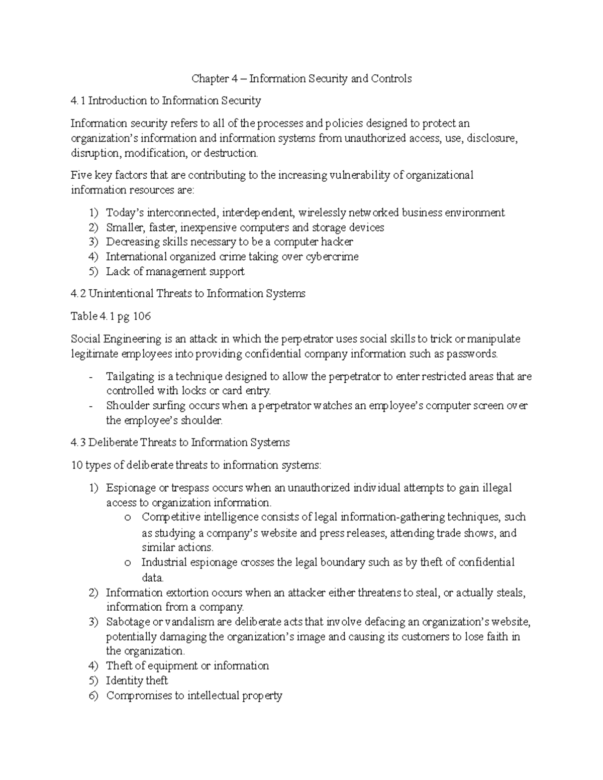 Chapter 4 - Information Security and Controls - Chapter 4 – Information Security and Controls 4 ...