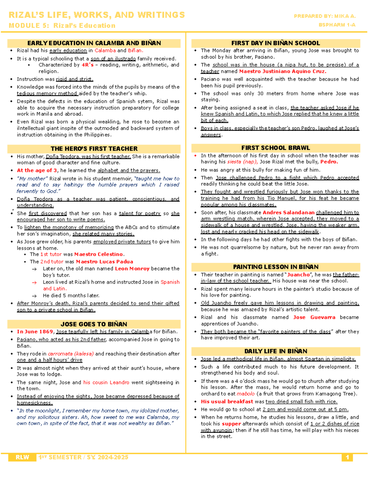 RLW M5 - RLW - MODULE 5 : Rizal’s Education BSPHARM 1-A EARLY EDUCATION ...