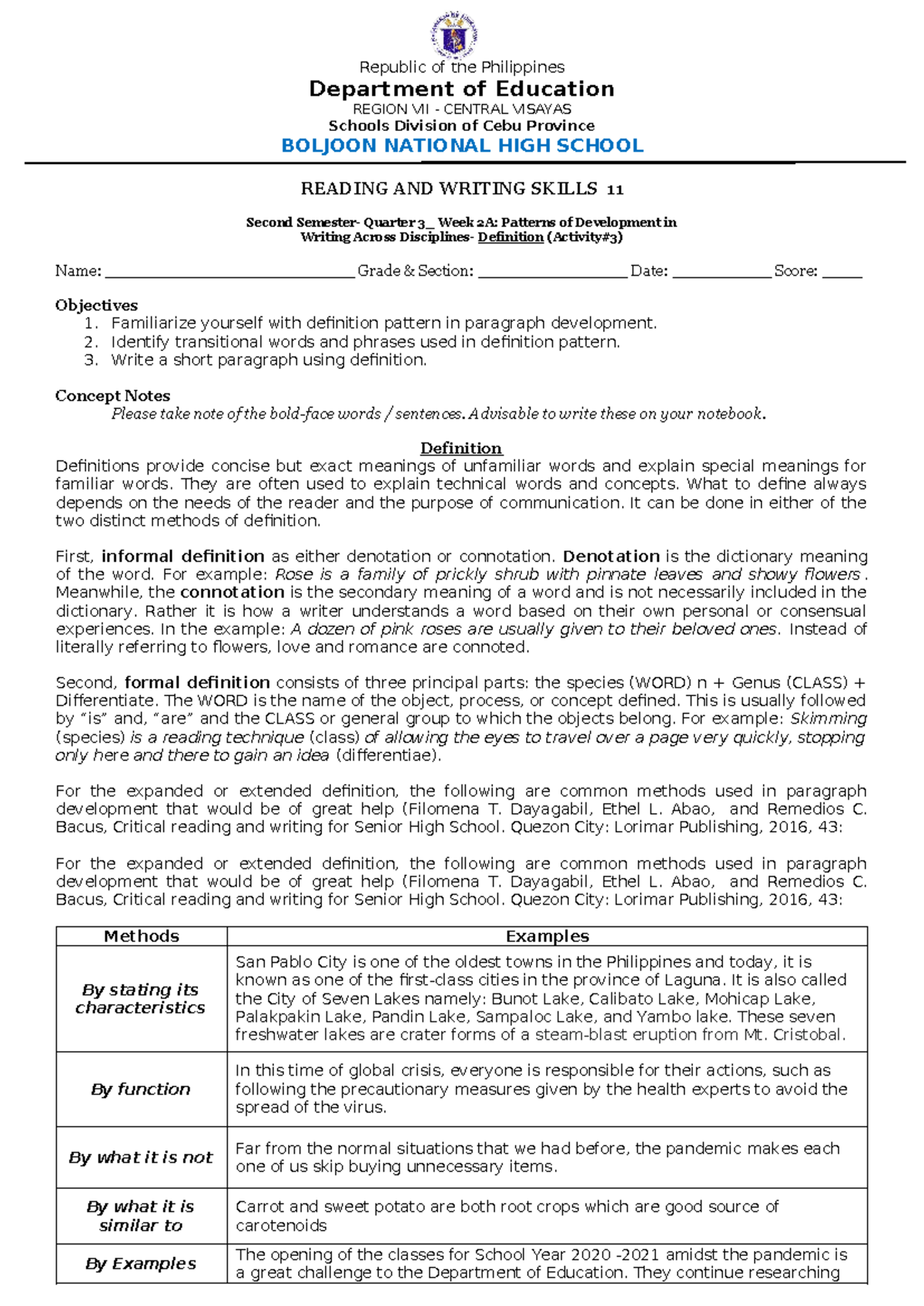 Activity #3 Reading AND Writing Second Semester Quarter 3 Week 2A ...