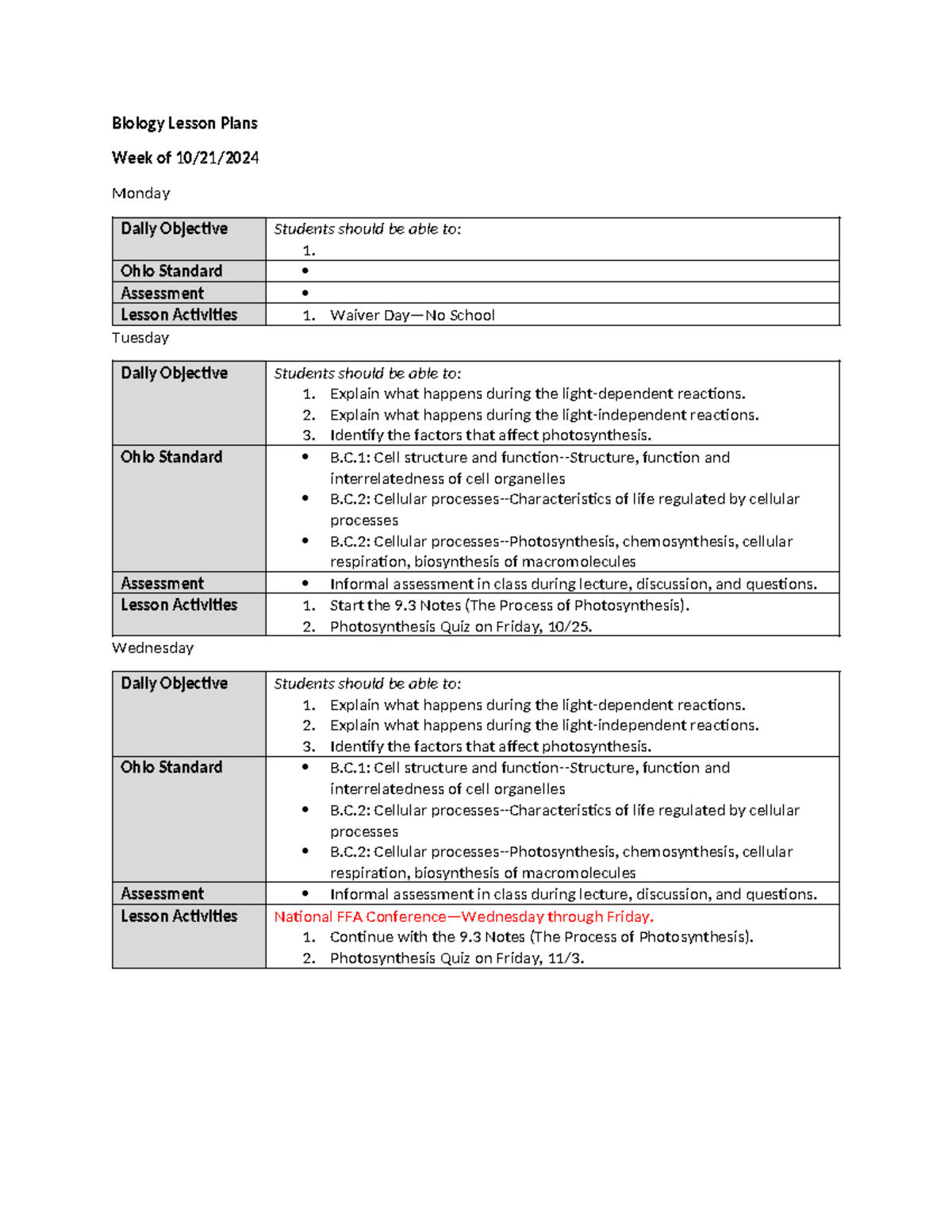 Biology Lesson Plans, Week 10 - Biology Lesson Plans Week of 10/21 ...