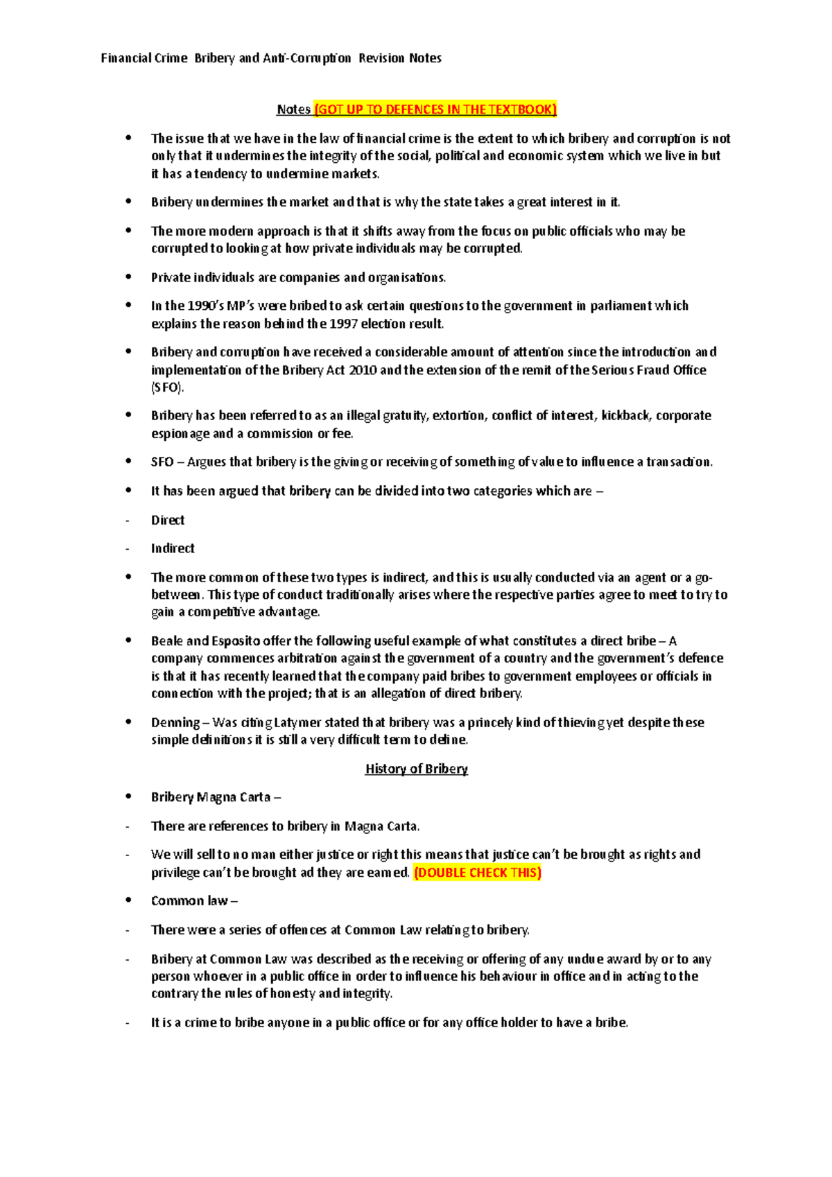Notes - Bribery - Notes (GOT UP TO DEFENCES IN THE TEXTBOOK) The issue ...