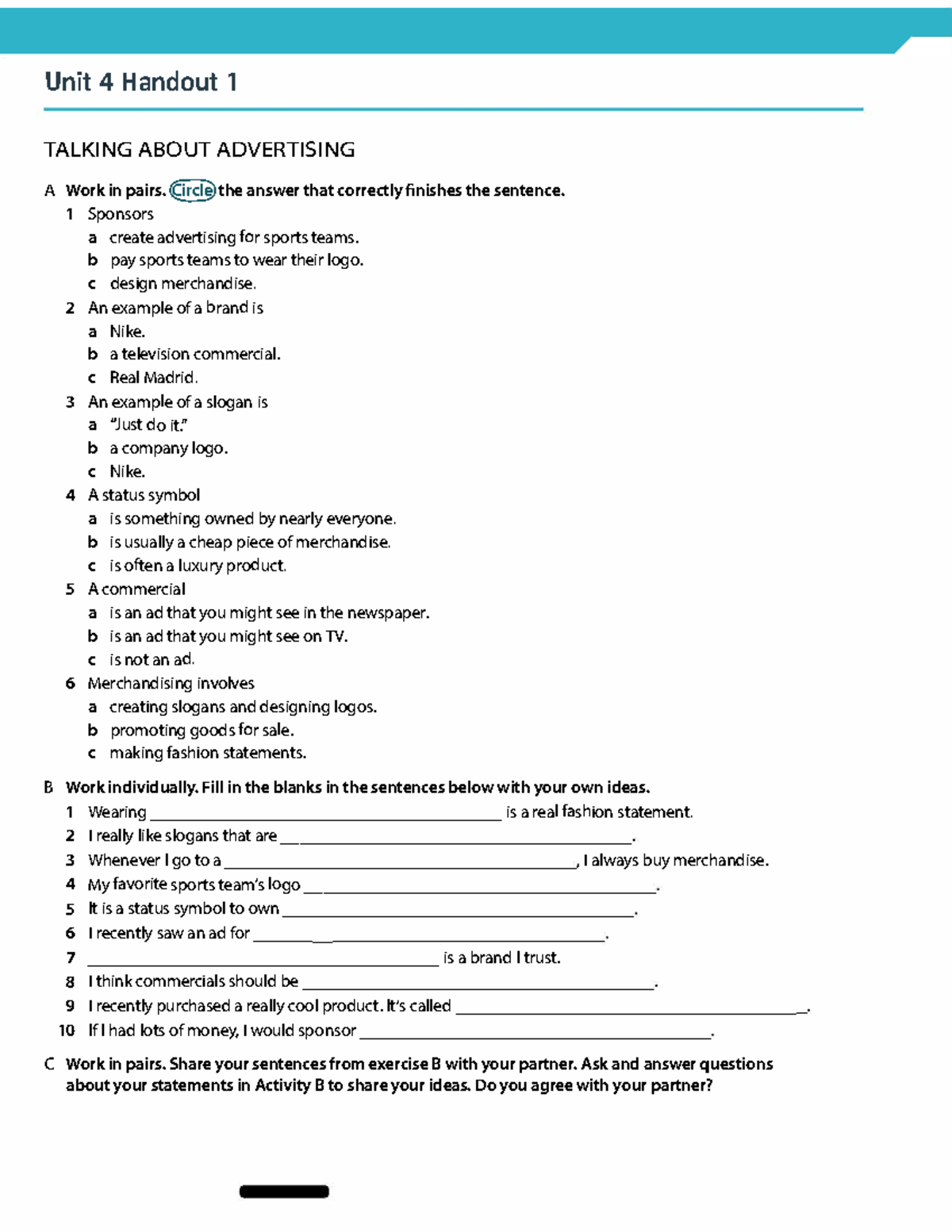 BUS 2.0 Level 4 Lesson Plan 4 Handout 1 - Unit 4 Handout 1 TALKING ...