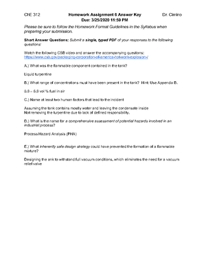 Ch E 312 HW 4 Answer Key - Due: Wednesday 3/4/20 11:59 PM Please be ...