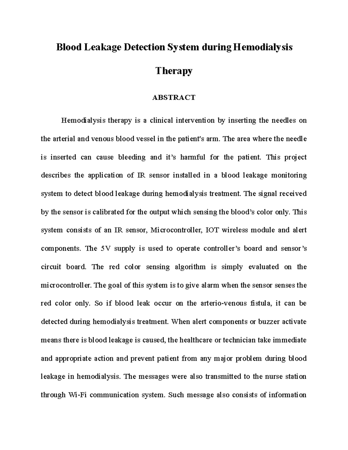 Blood leakage monitoring system in hemodialysis therapy - Blood Leakage ...