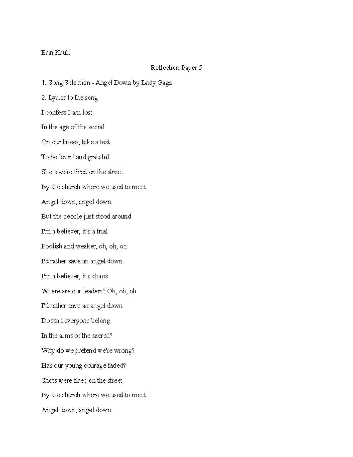 Reflection pp 5 - Erin Krull Reflection Paper 5 Song Selection - Angel ...