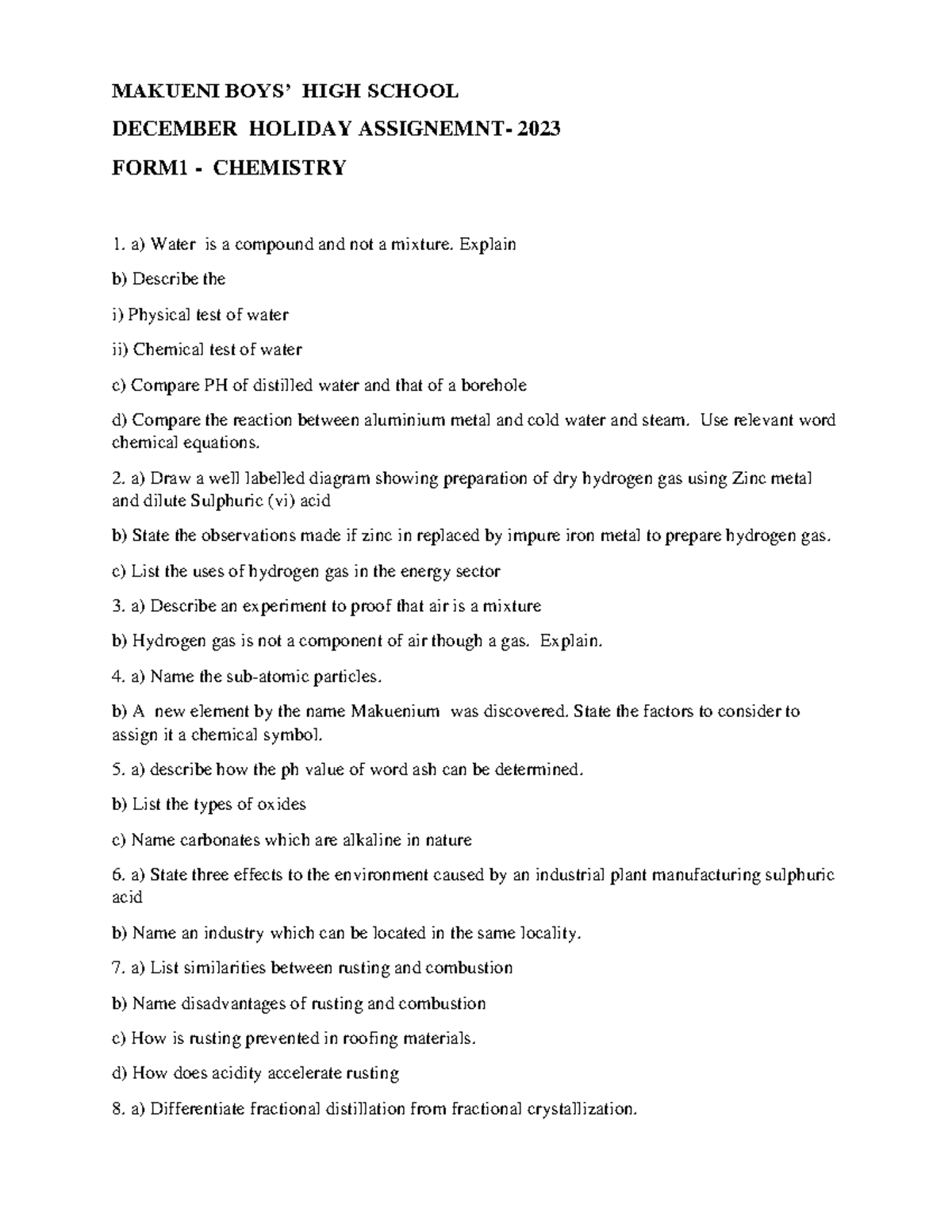 Chemistry Assignments - Form 1 - Chemistry - MAKUENI BOYS’ HIGH SCHOOL ...