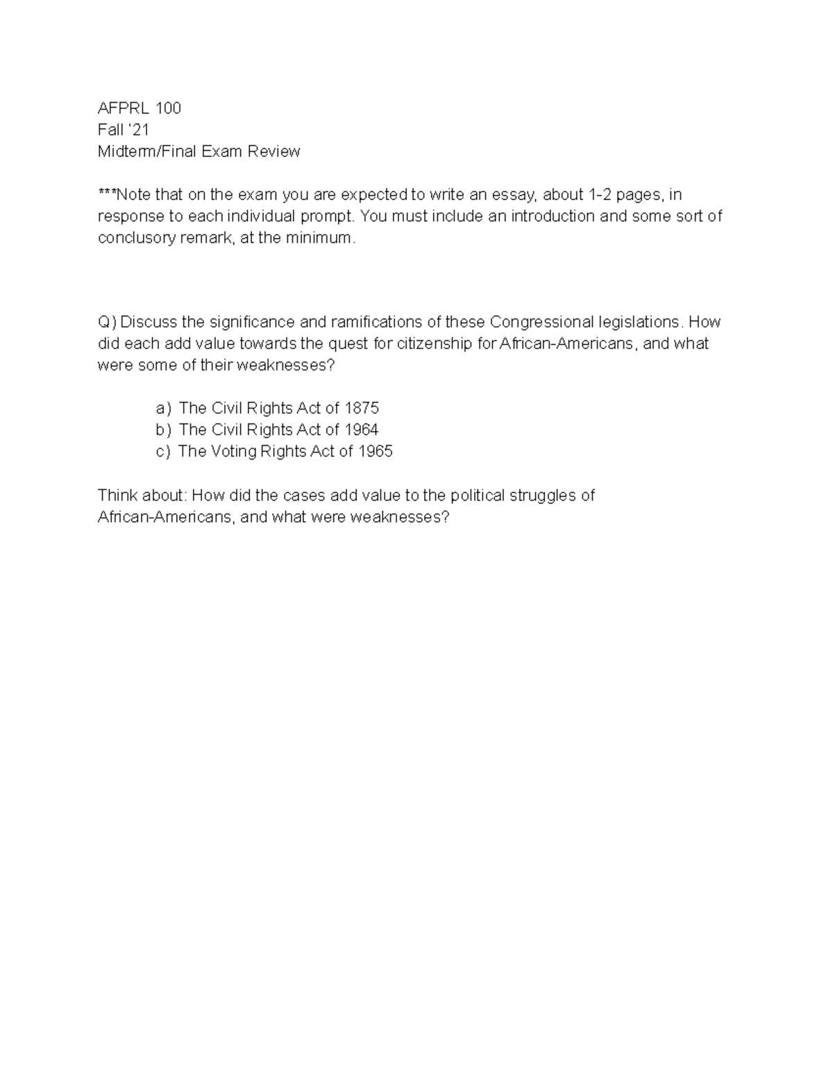 Afprl 100 - Exam Review - AFPRL 100 Fall ‘ Midterm/Final Exam Review ...