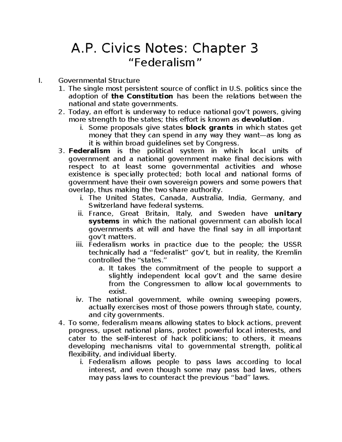 Chapter 03-Federalism - A. Civics Notes: Chapter 3 “Federalism” I ...