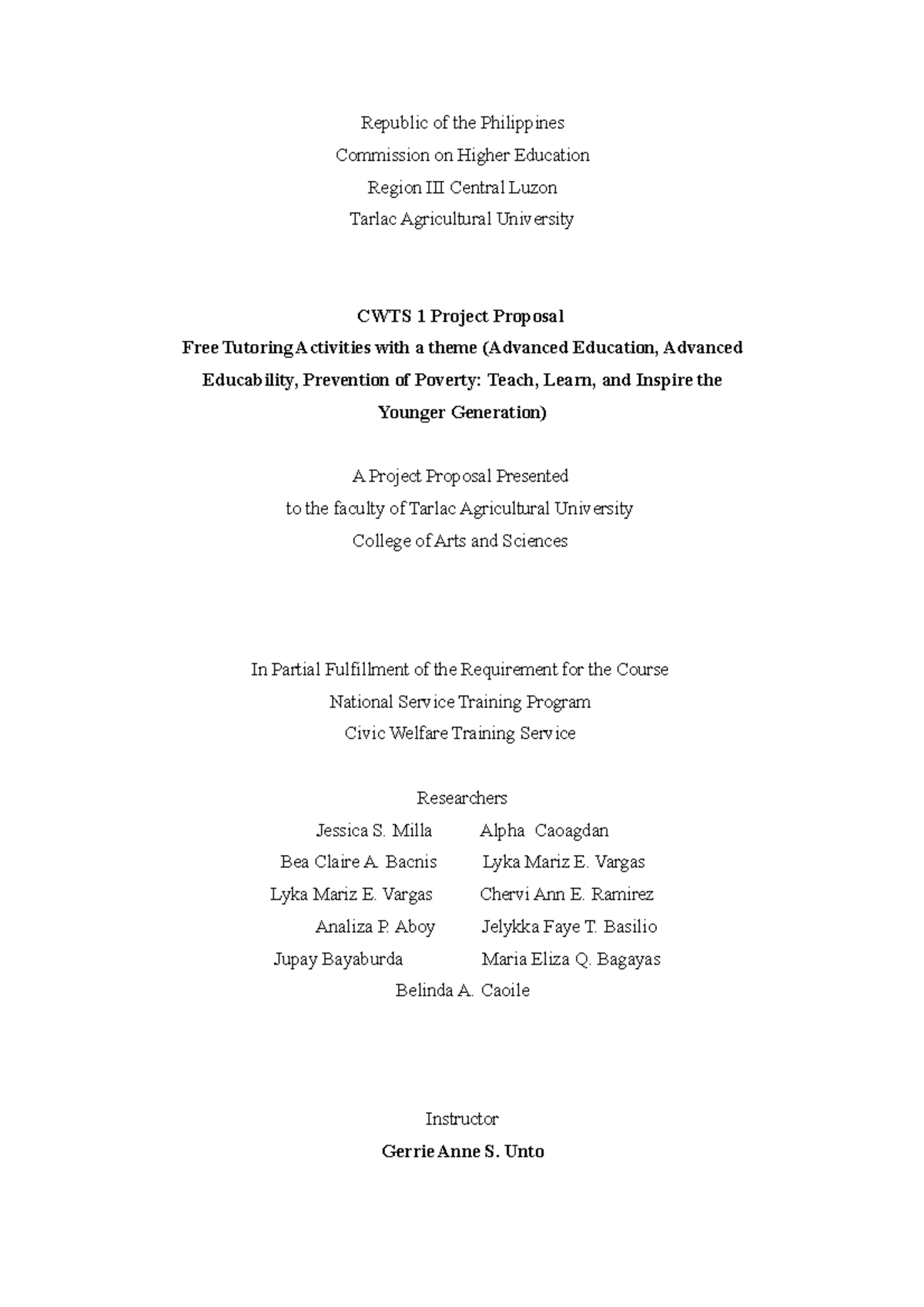 CWTS 1 Project Proposal - Jessica's Group - Republic of the Philippines ...