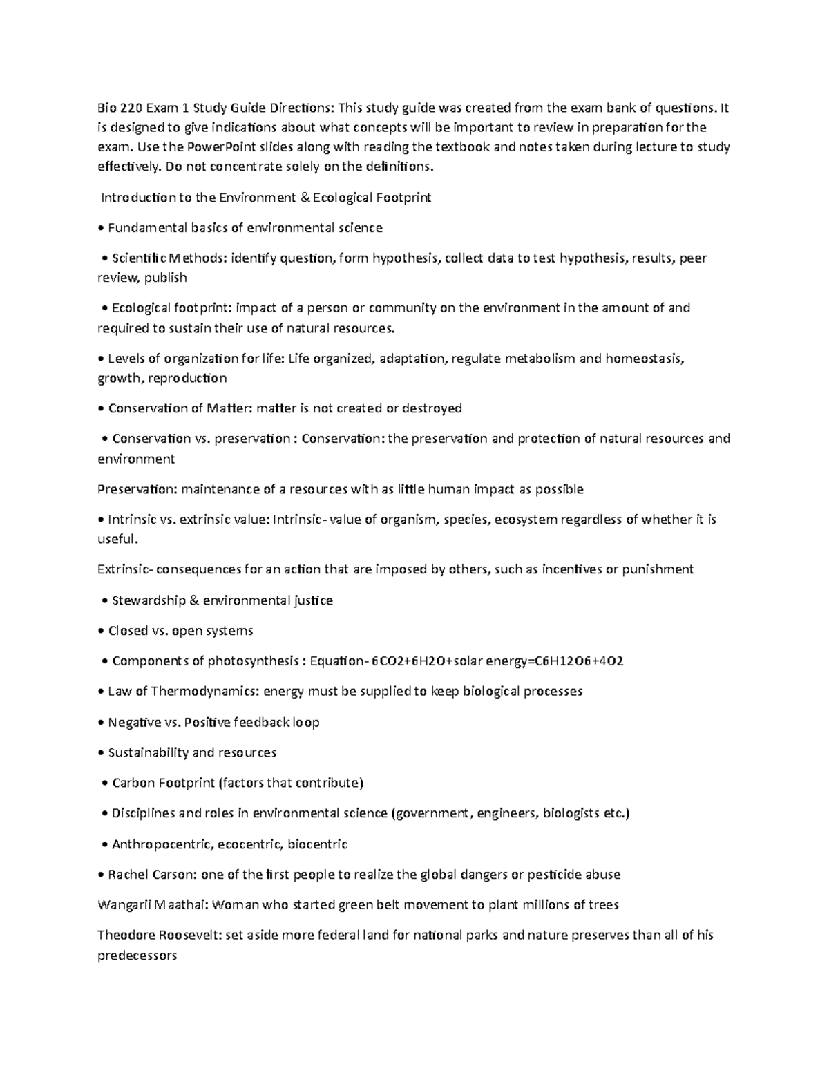 Bio 220 Exam 1 Study Guide - Bio 220 Exam 1 Study Guide Directions ...