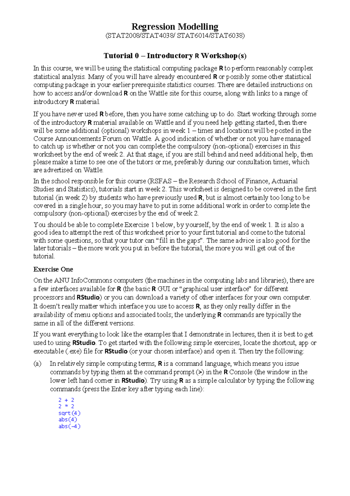Tutorial 0 Getting Started With R Regression Modelling Stat2008stat4038 Stat6014stat6038