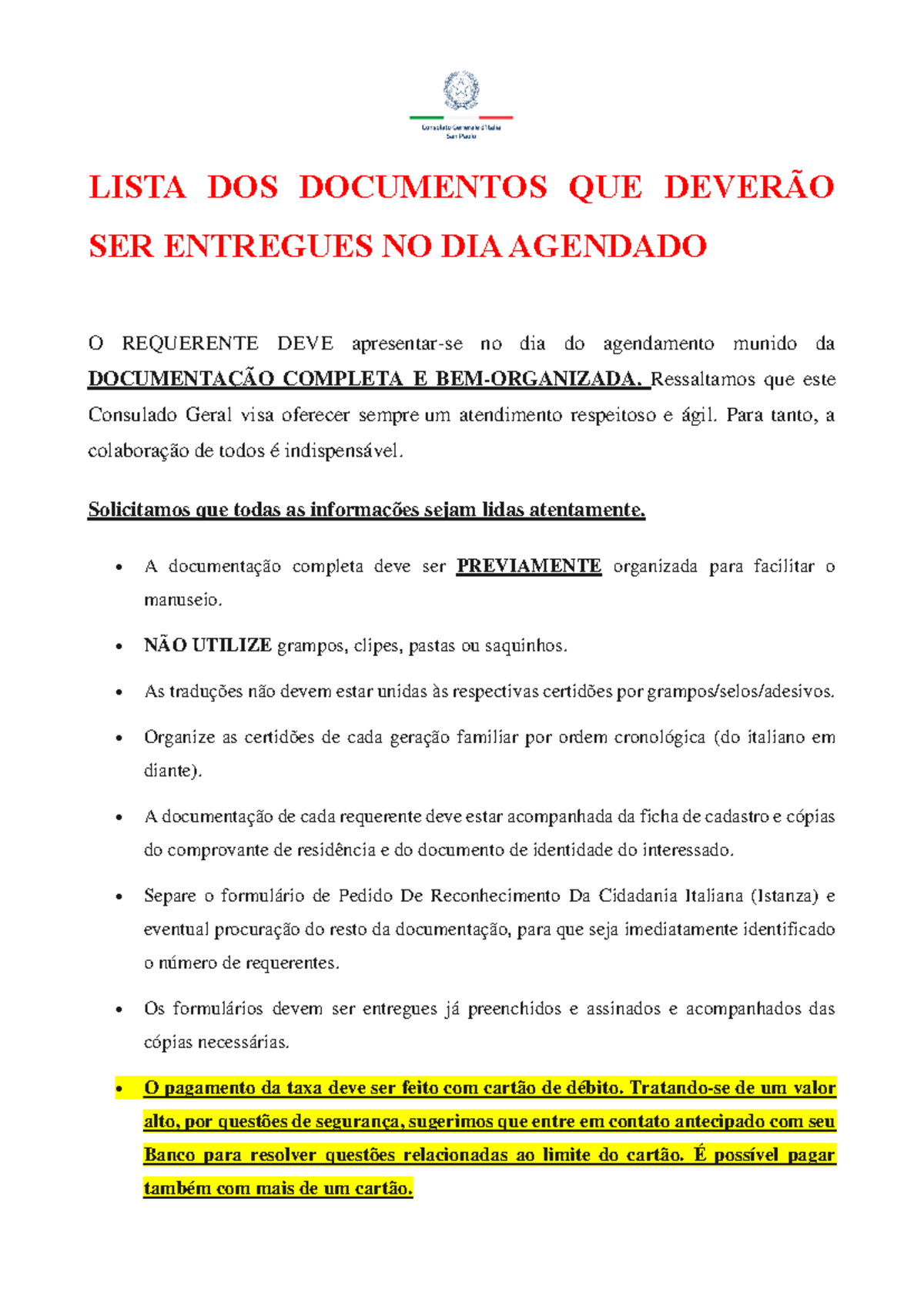2.- Lista- Documenti SP - LISTA DOS DOCUMENTOS QUE DEVERÃO SER ENTREGUES NO DIA AGENDADO O - Studocu
