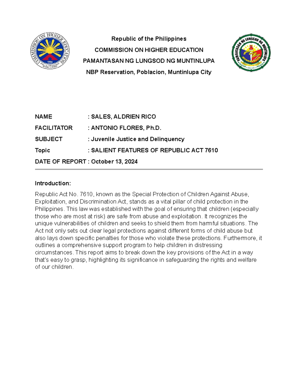 Salient Features of RA 7610 - Republic of the Philippines COMMISSION ON ...