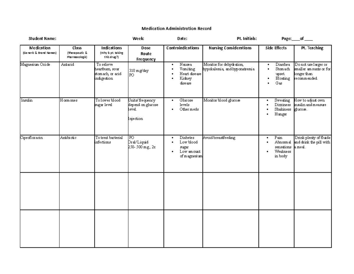 MAR Form 2 - practice material - Medication (Generic & Brand Names ...