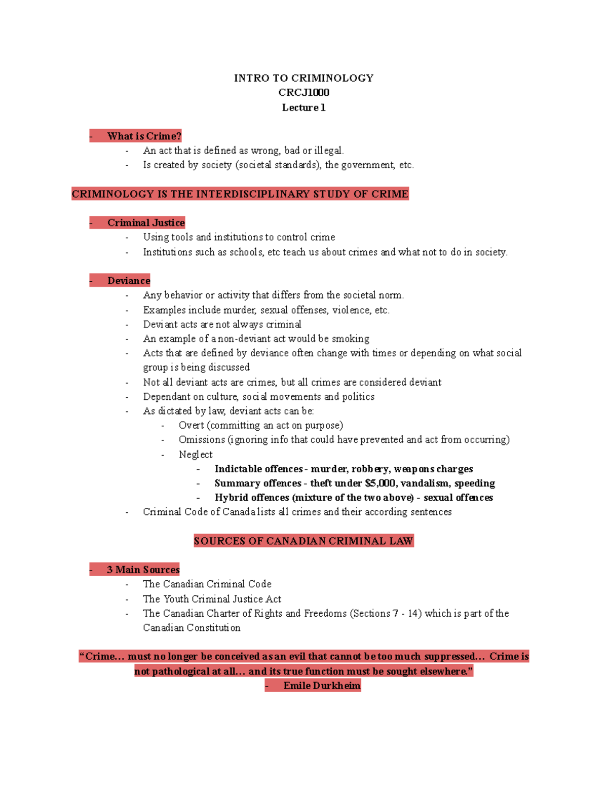 CRCJ1000 Lecture Notes - INTRO TO CRIMINOLOGY CRCJ Lecture 1 What is ...