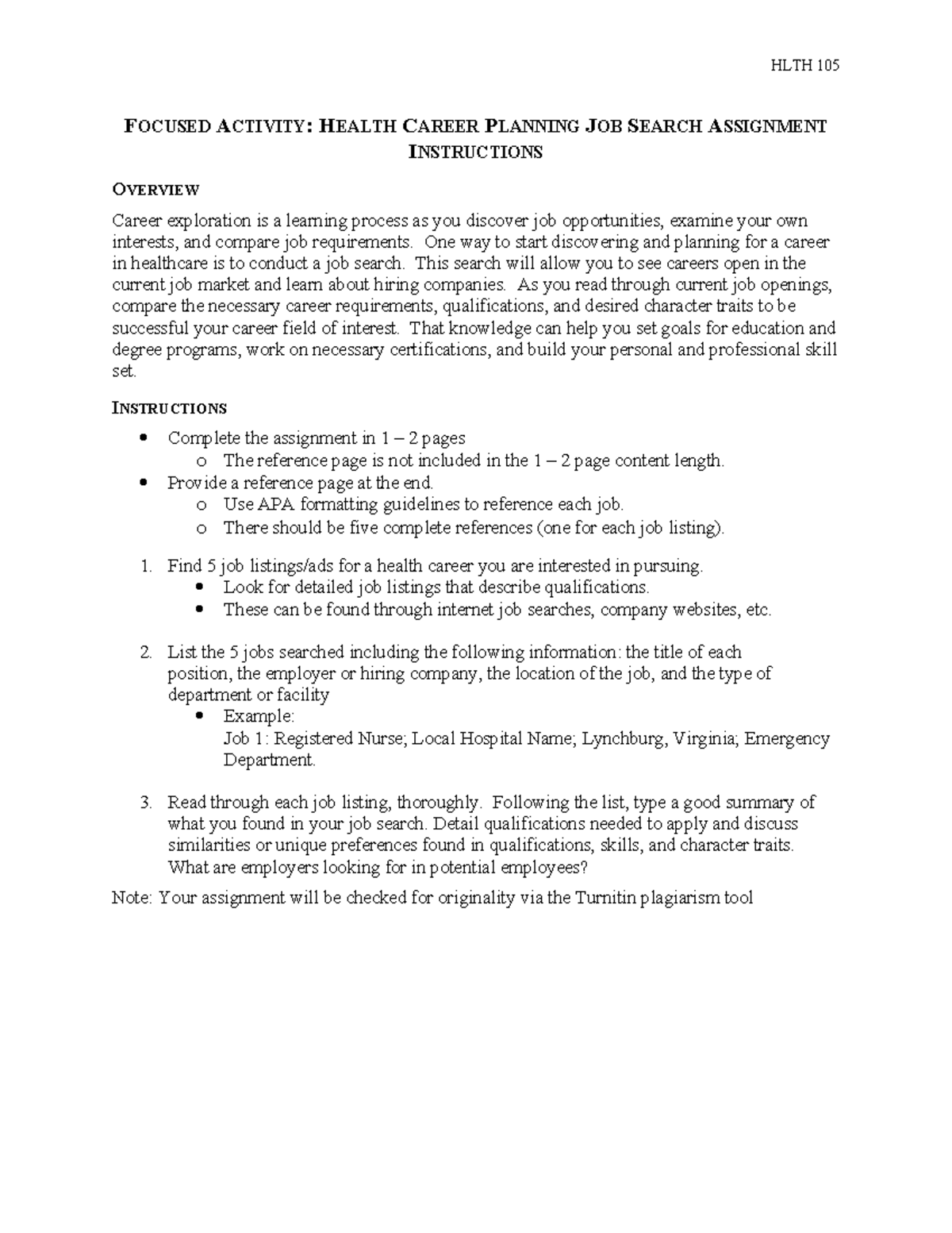 Focused Activity Health Career Planning Job Search Assignment ...