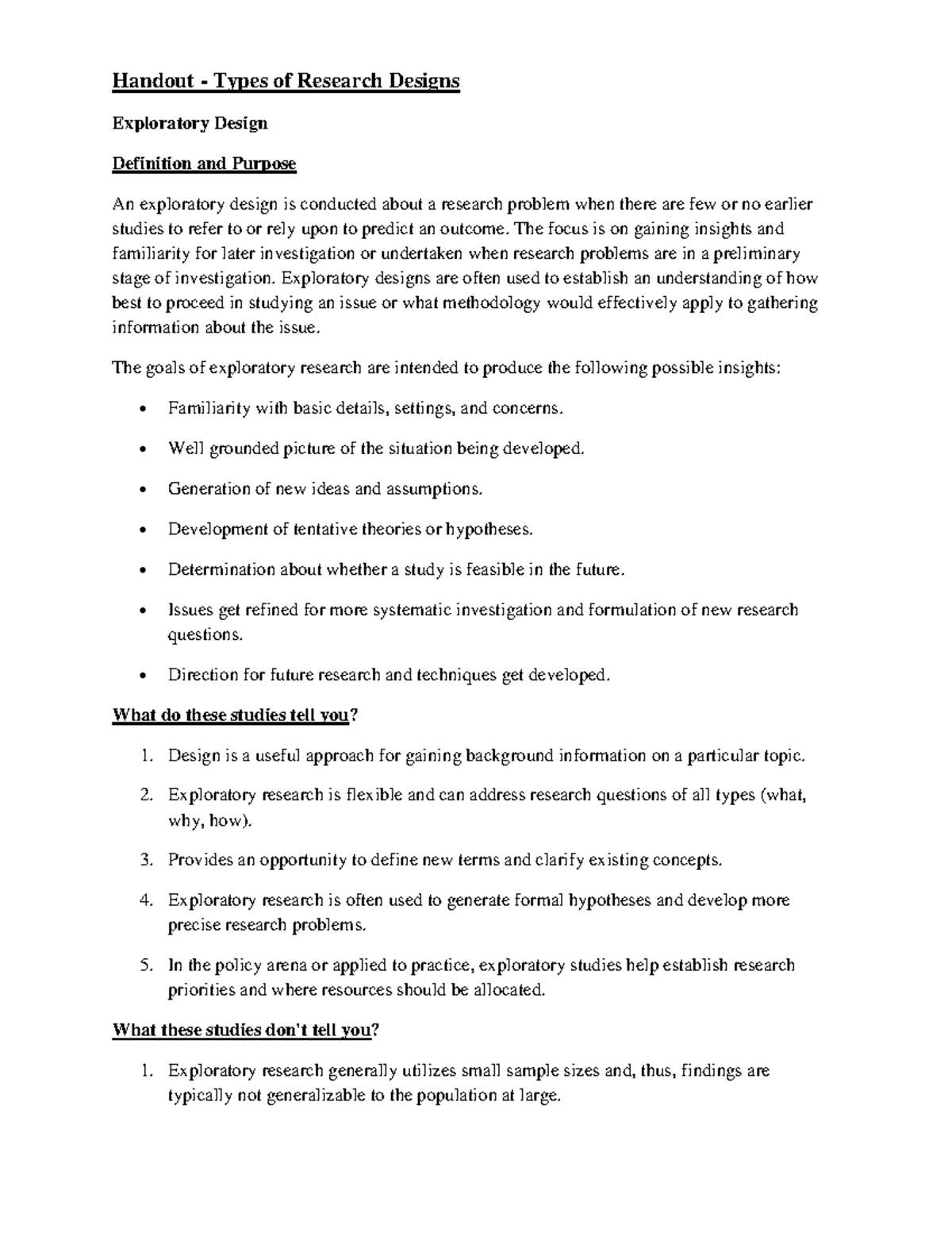 Handout 2 on Research designs - Handout - Types of Research Designs ...