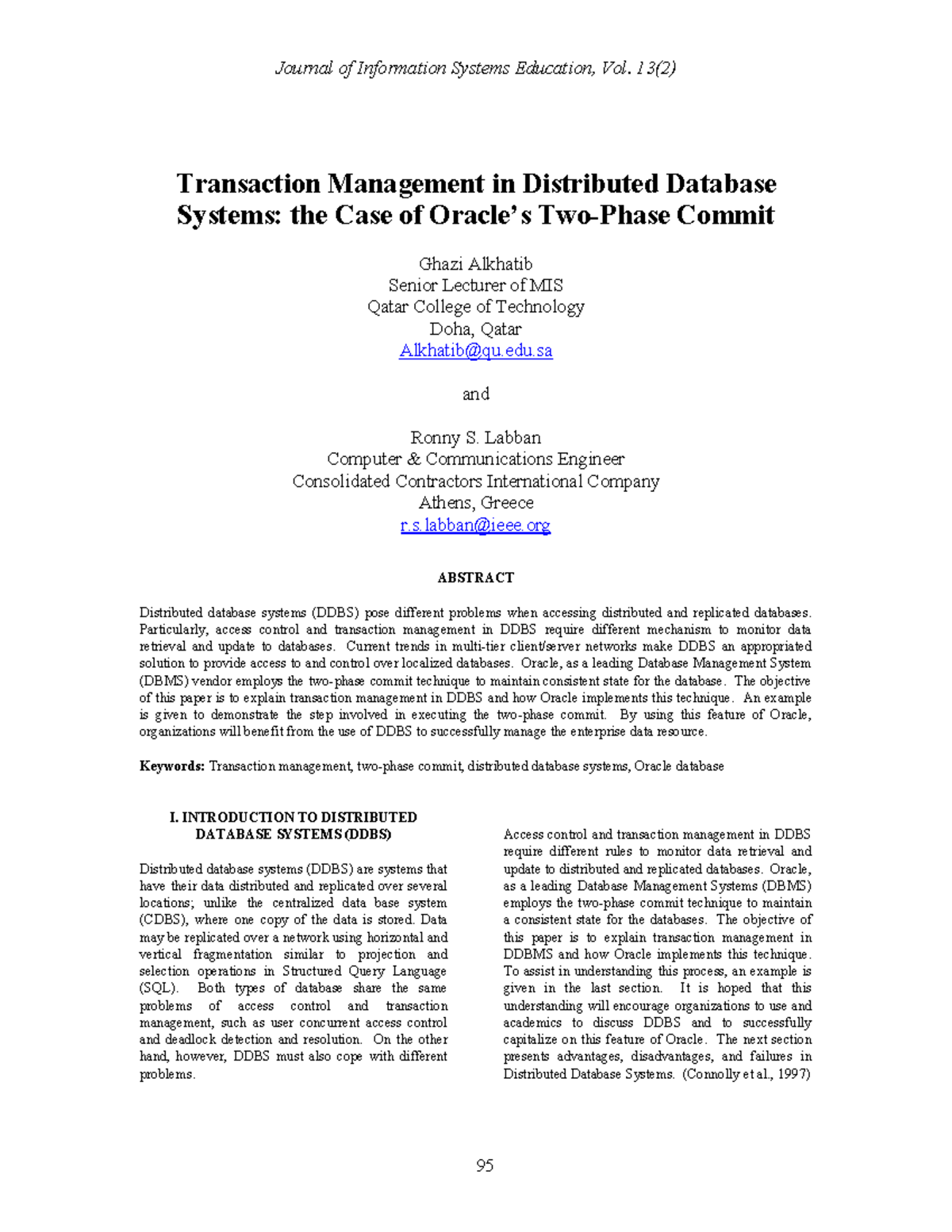 Transaction Management In Distributed Database Systems The Case Edu