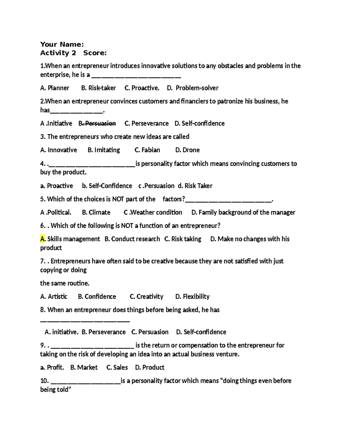 Q1 Activity 2 Entrep Answer k EY Copy - Your Name: Activity 2 Score: 1 ...