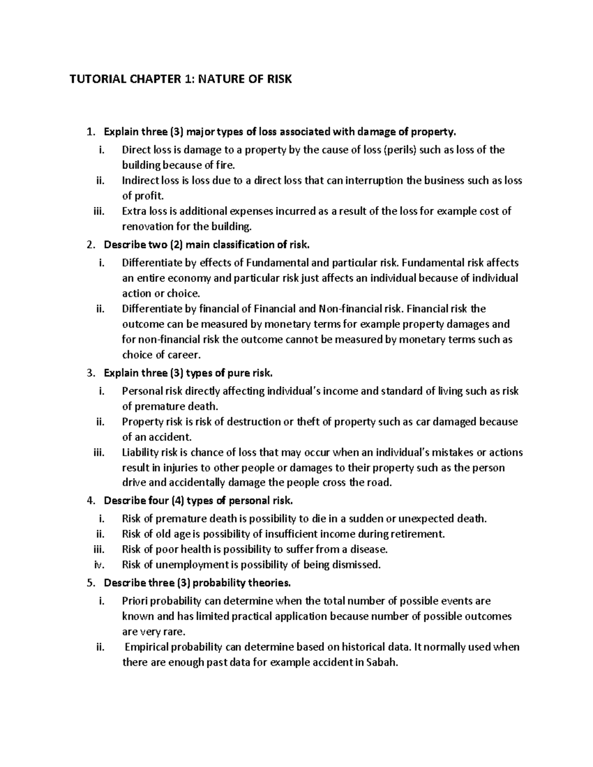 Tutorial- Chapter 1 Nature Of Risk - TUTORIAL CHAPTER 1: NATURE OF RISK ...
