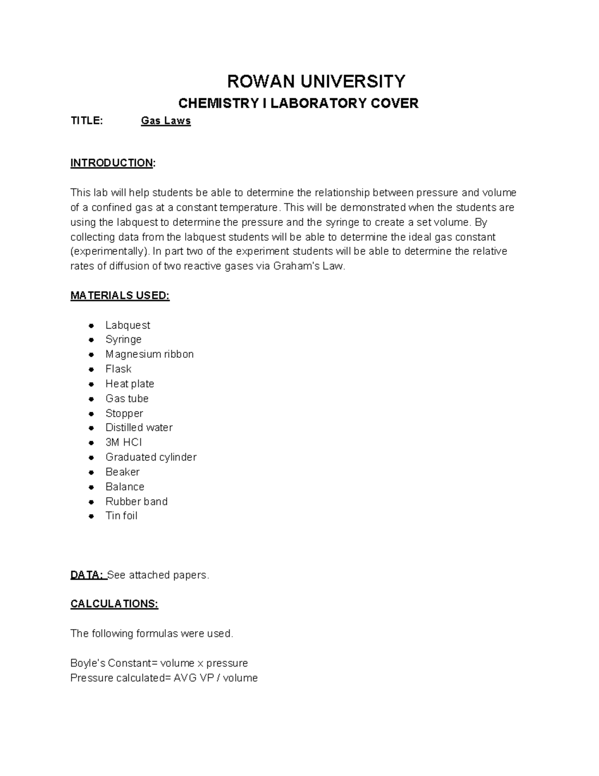 Gas Laws Lab Assignment - ROWAN UNIVERSITY CHEMISTRY I LABORATORY COVER ...