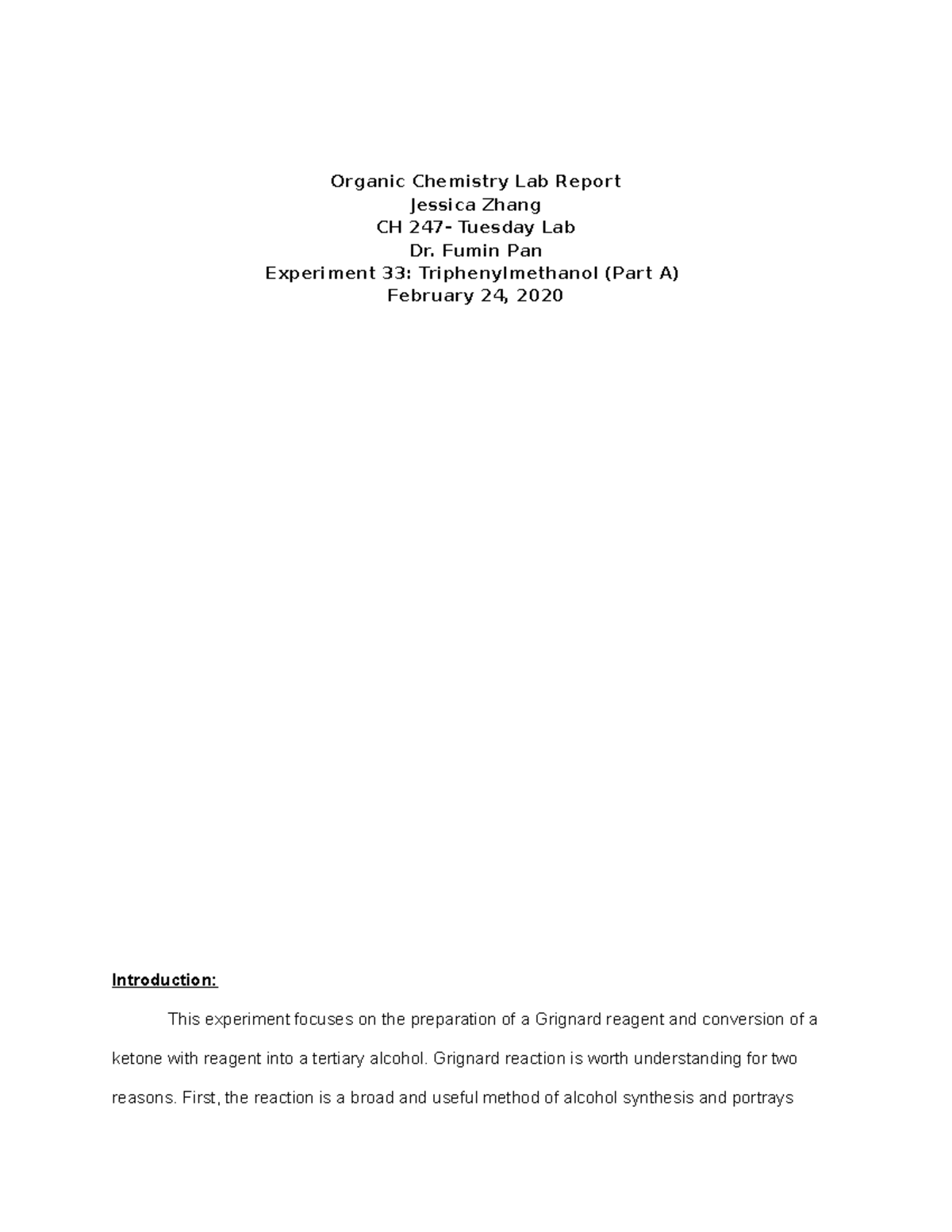 Organic Chem lab 2 - lab - Organic Chemistry Lab Report Jessica Zhang ...