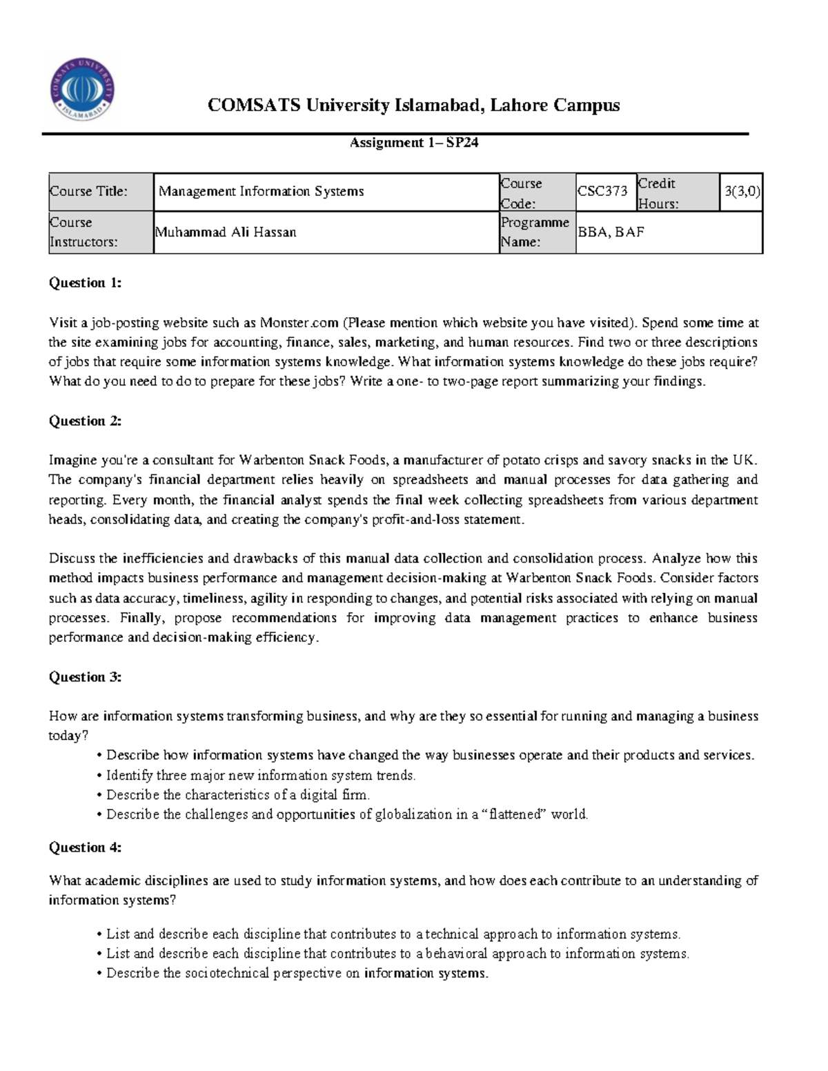 A1-MIS - COMSATS University Islamabad, Lahore Campus Assignment 1 – SP ...