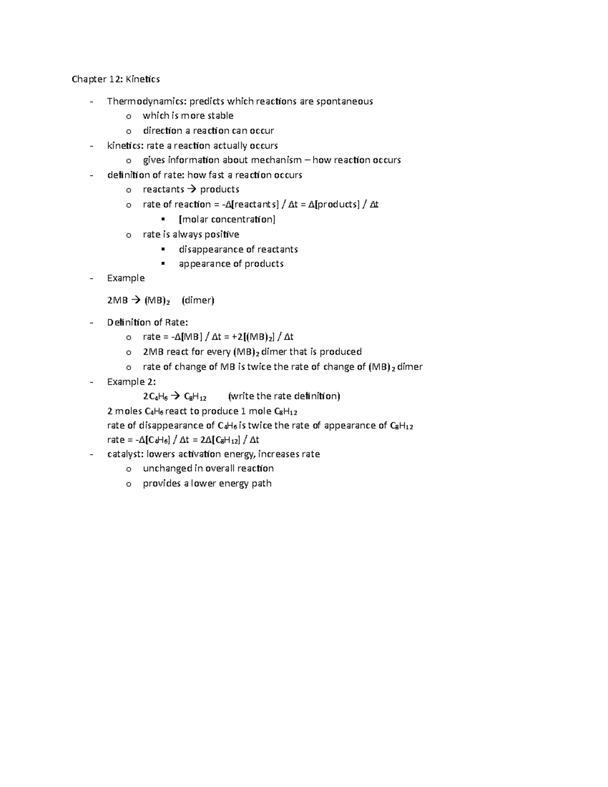 Chapter 12 Kinetics Notes Page 1 - Chapter 12: Kinetics Thermodynamics ...