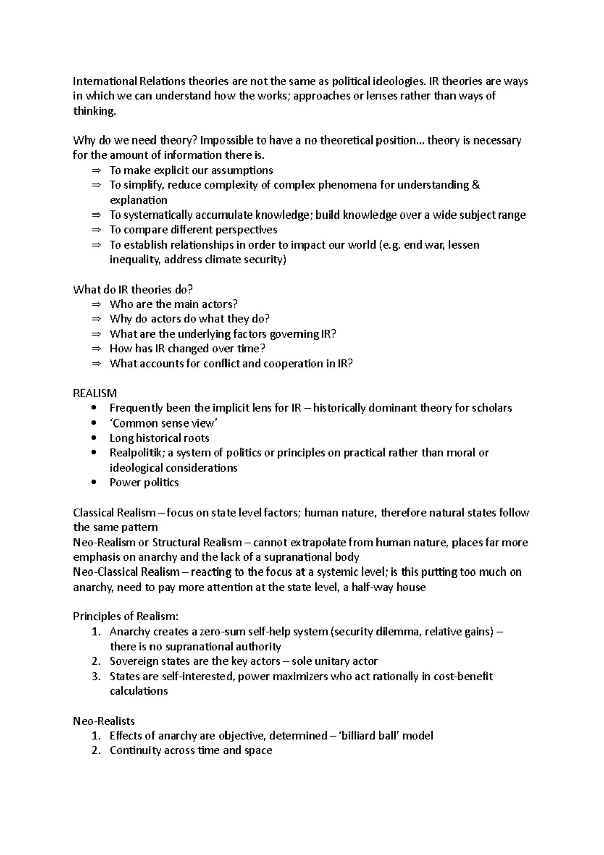 Week 9 Lecture Notes - International Relations theories are not the ...