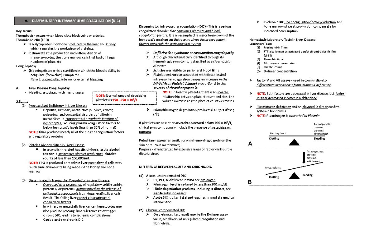 Notes CASE Study DIC - summary - Key Terms: Thrombosis - occurs when ...