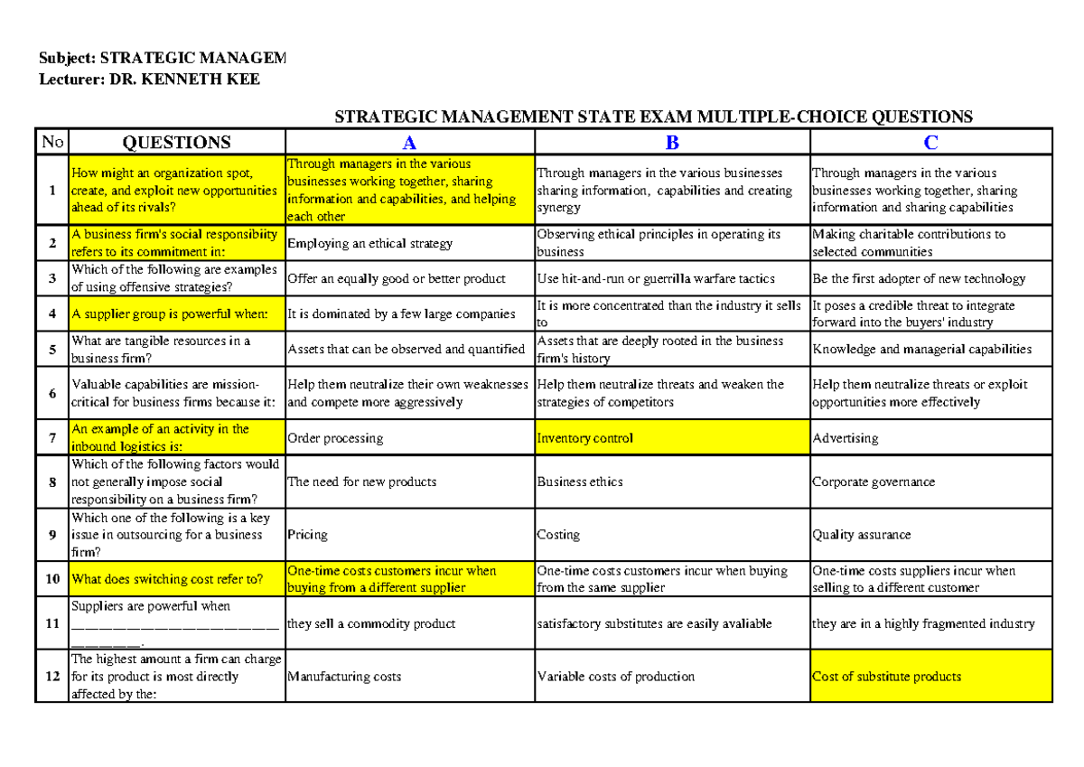 State Exam-MBA-Strategic Management-Dr. Kenneth Kee - No QUESTIONS A B ...