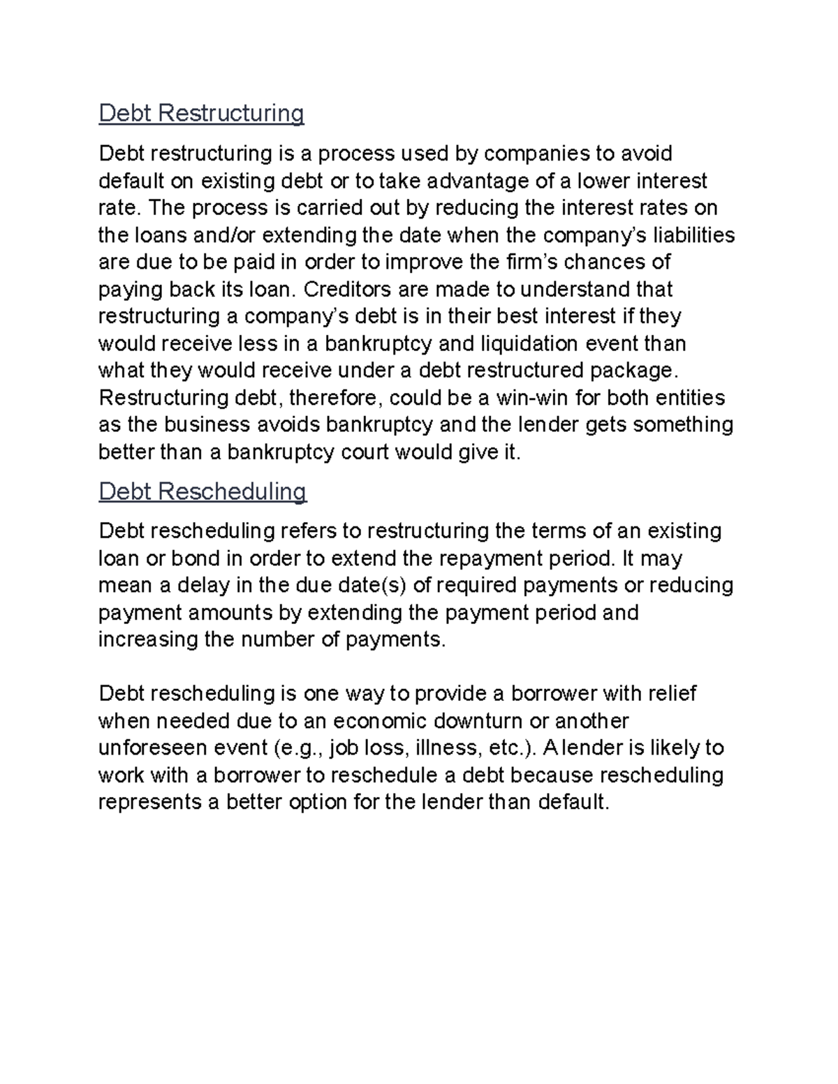 Debt Rescheduling - Lecture notes 1 - Debt Restructuring Debt ...