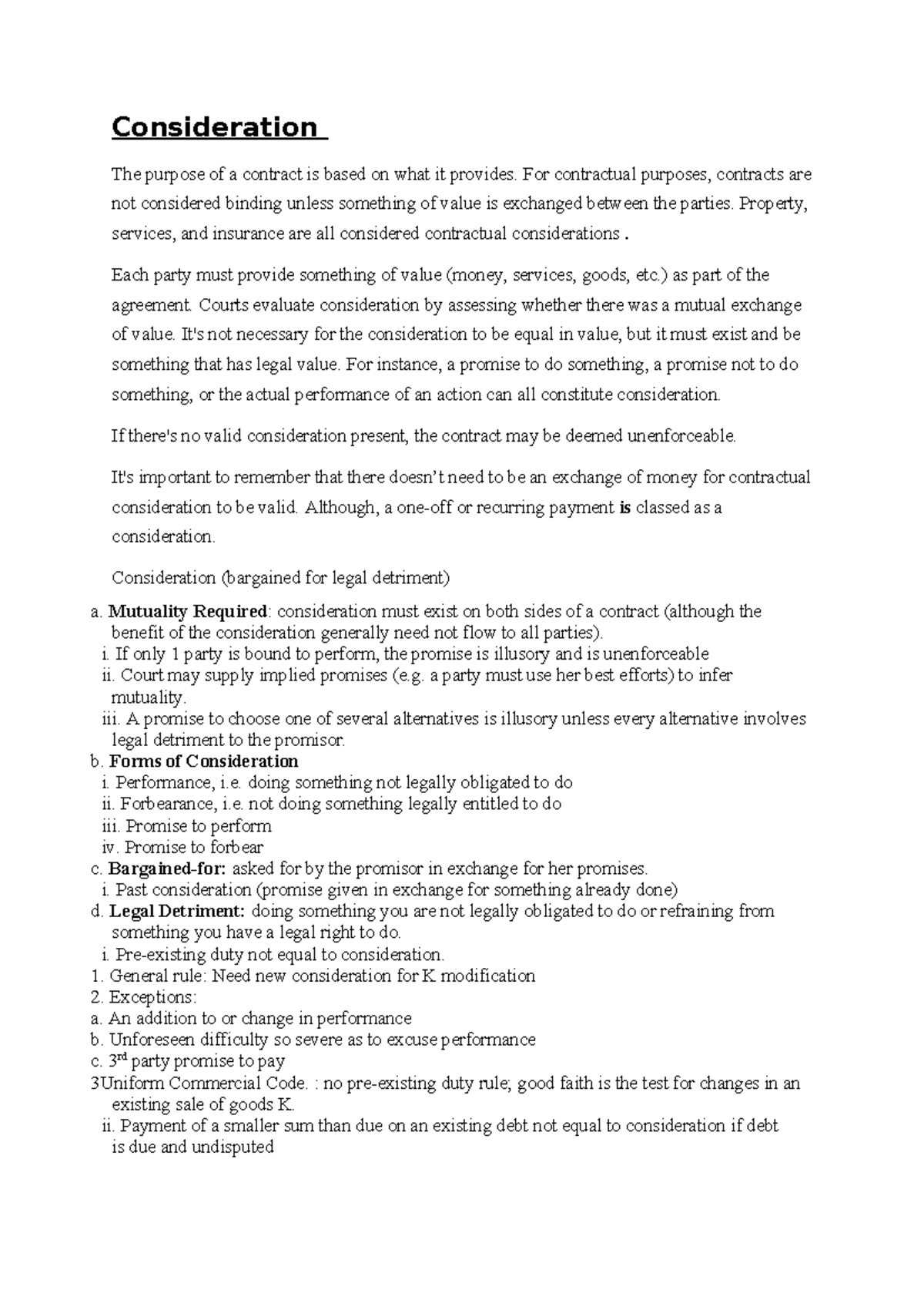 Consideration - Summary Contract - Consideration The purpose of a ...