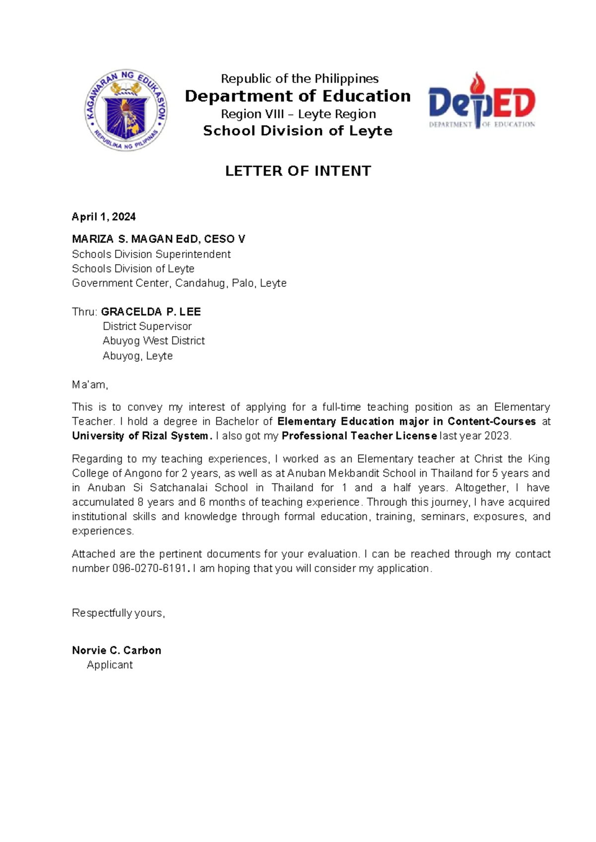 Letter OF Intent NORX - Republic of the Philippines Department of ...