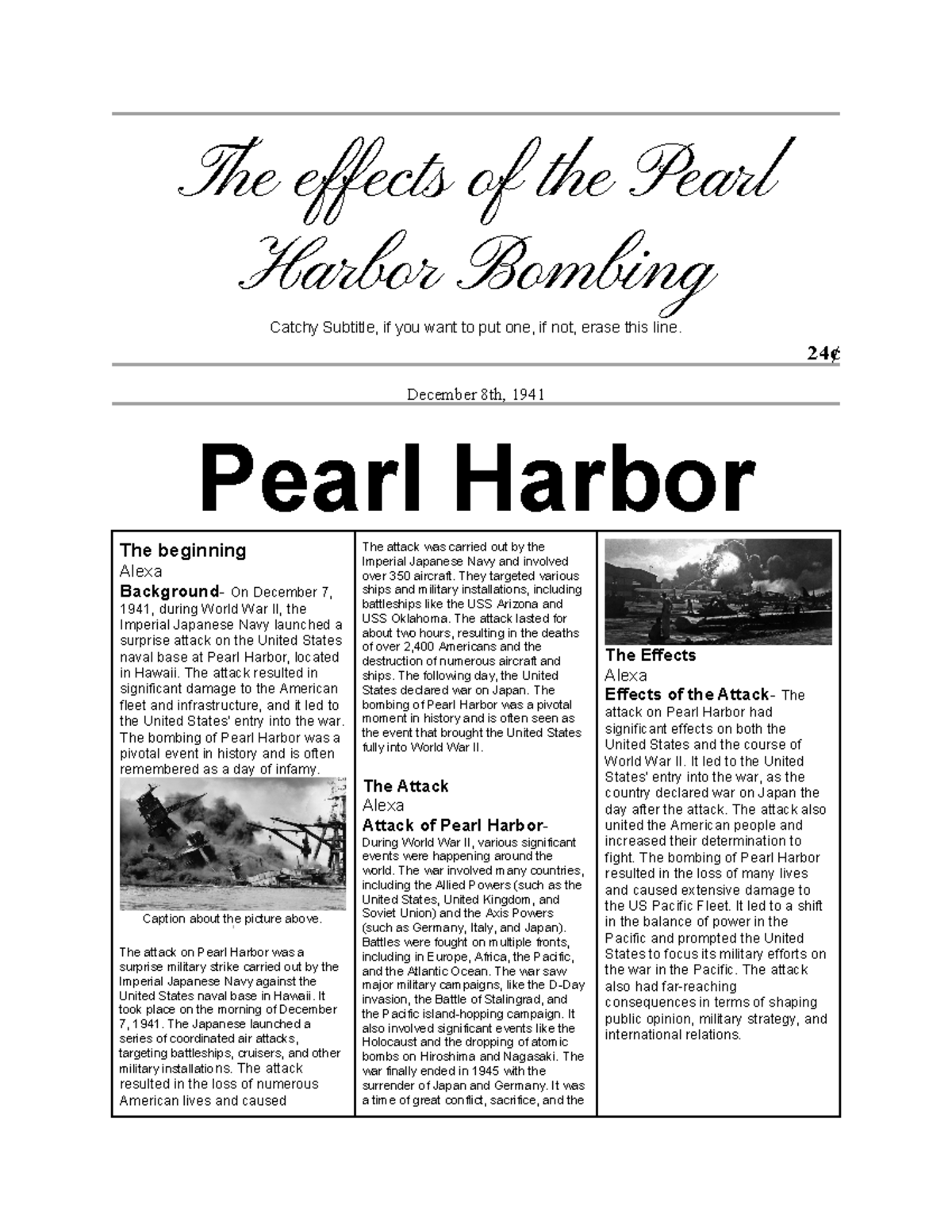 Copy of Pearl Harbor Newspaper Article Template - The effects of the ...