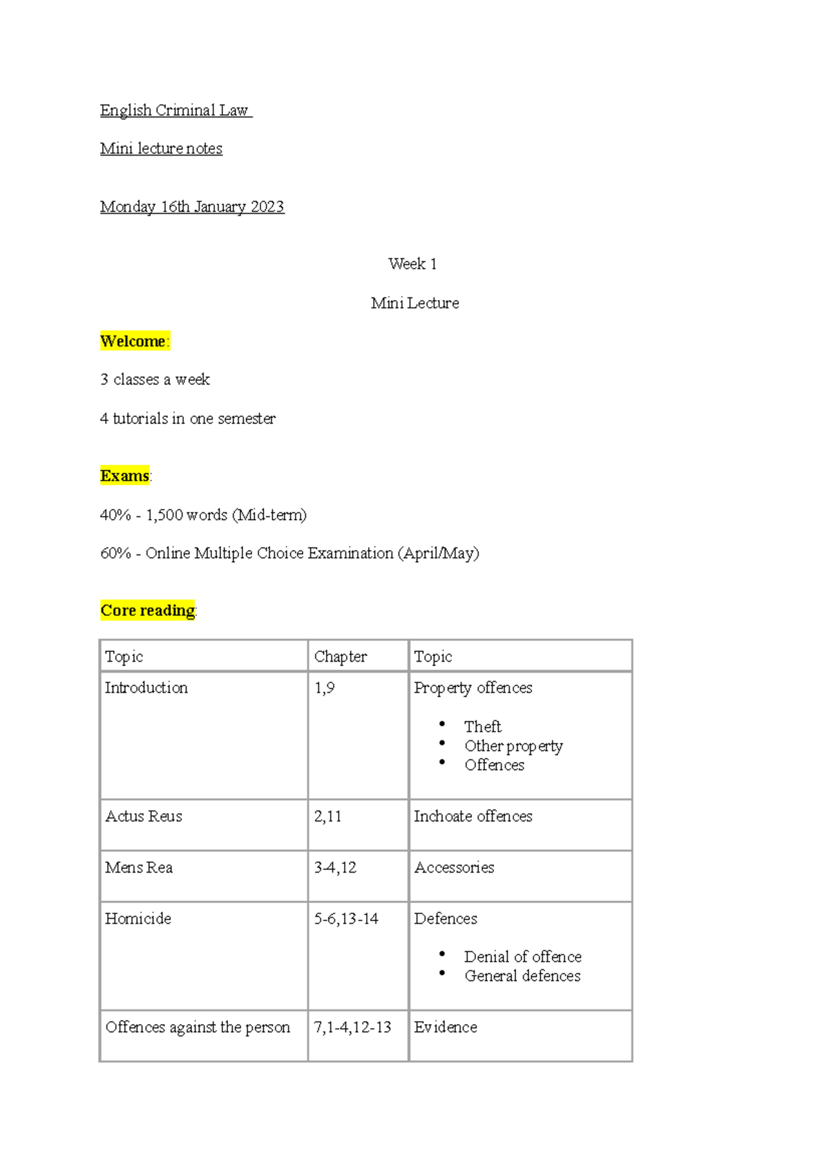 English Criminal Law Mini Lecture Notes - LW22012 - Dundee - Studocu