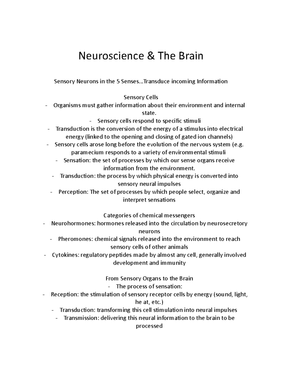 Neuroscience - Lecture notes 4-7 - Neuroscience &amp; The Brain Sensory ...